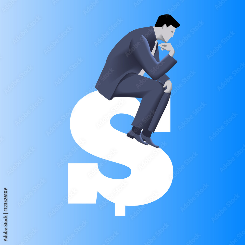 Big money business concept. Pensive businessman in business suit sits ...