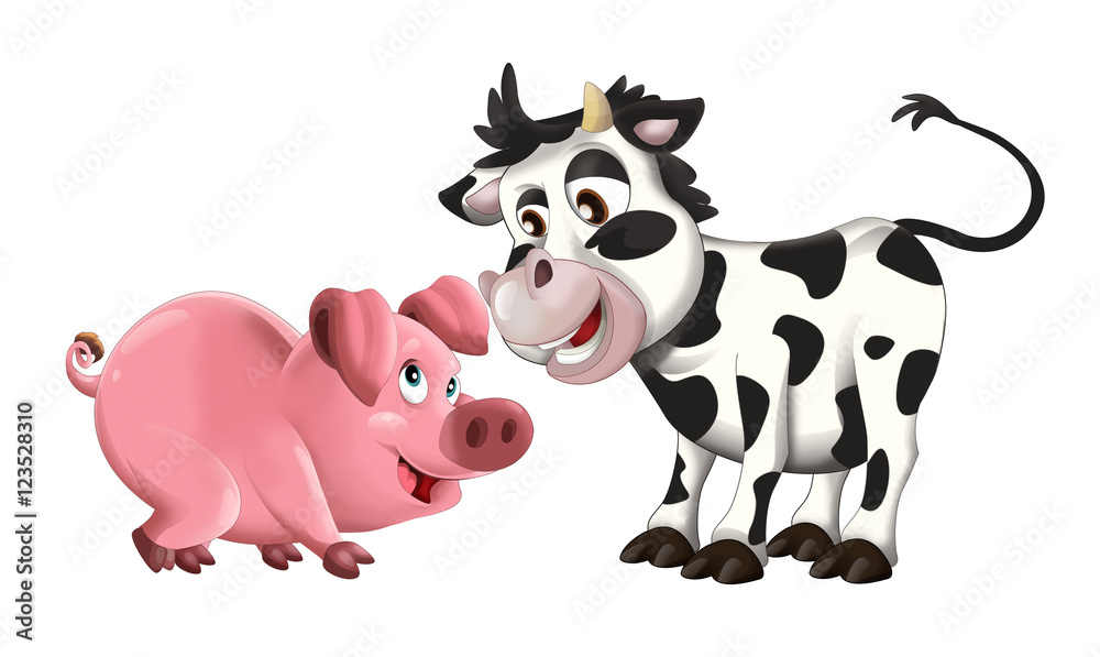 Cartoon funny young pig and cow - friends - isolated - illustration for ...