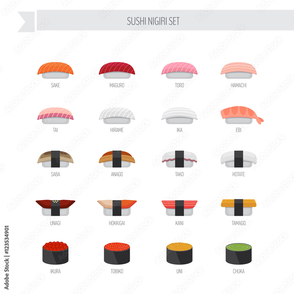 Sushi nigiri vector set. Flat style icon. Stock Vector | Adobe Stock