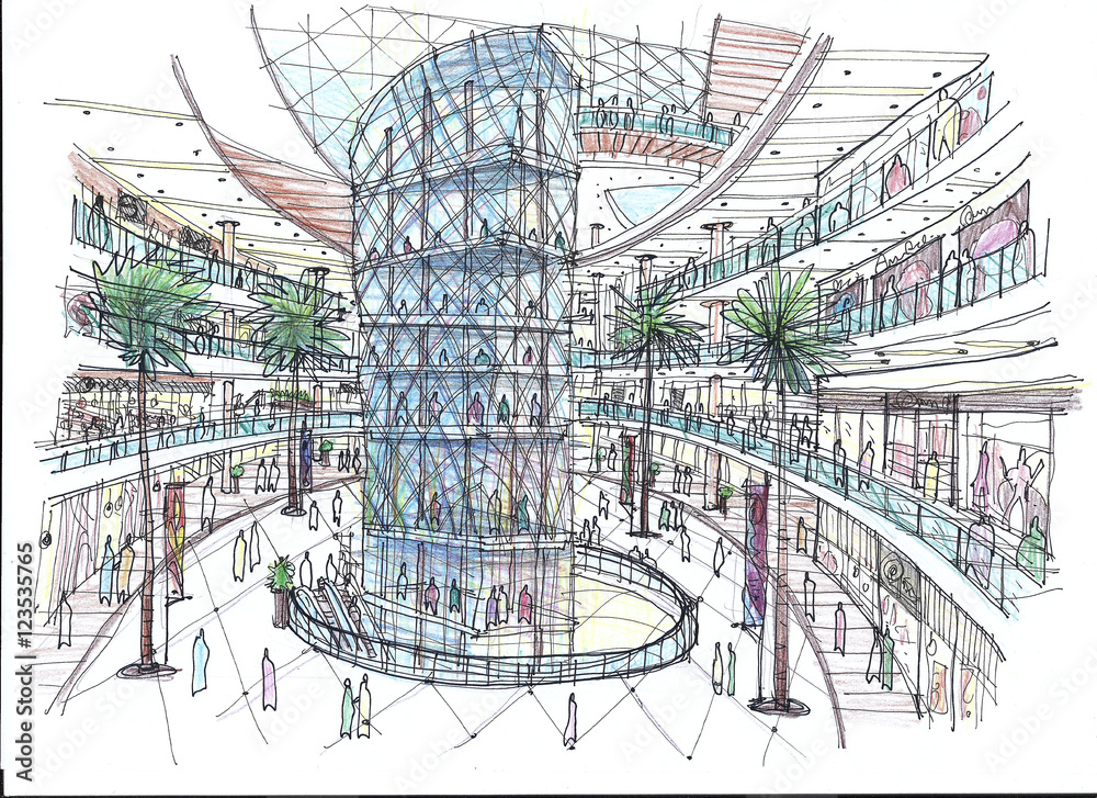 Outline sketch drawing and paint of a interior space, Hall department ...