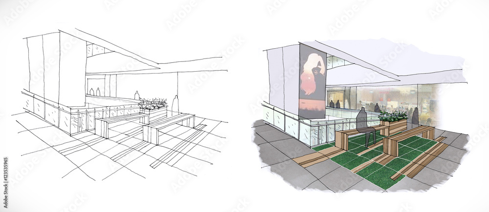 Outline sketch drawing and paint of a interior space, Outdoor ...