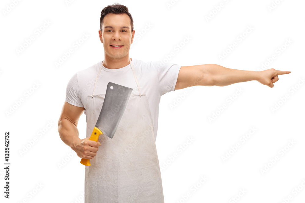 Butcher holding a cleaver and pointing right Stock Photo | Adobe Stock