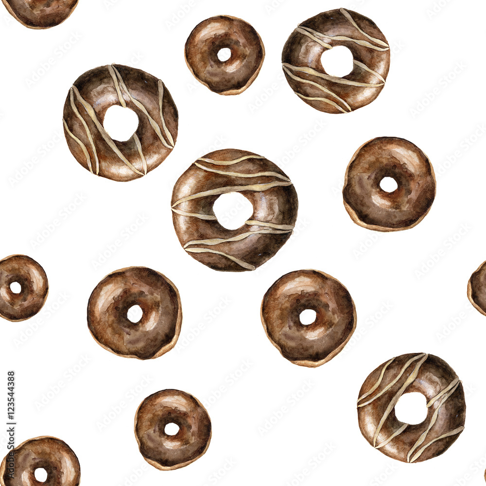 hand painted watercolor seamless pattern with glazed donuts isolated on ...