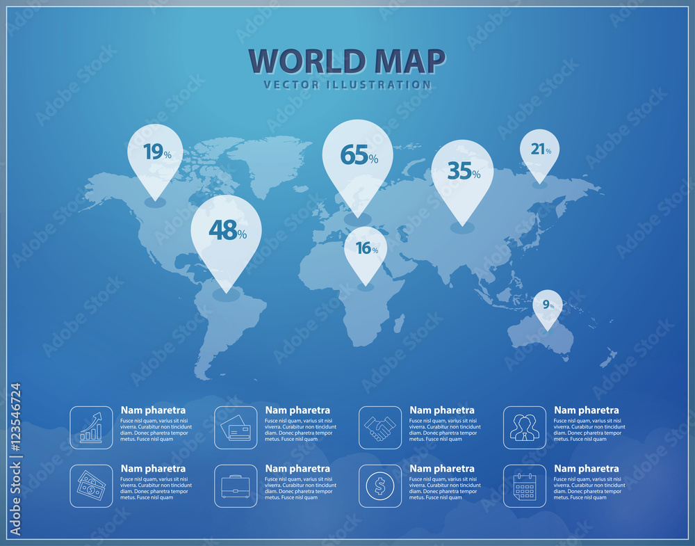 Modern world map with pins graphic design. Vector infographic Stock ...