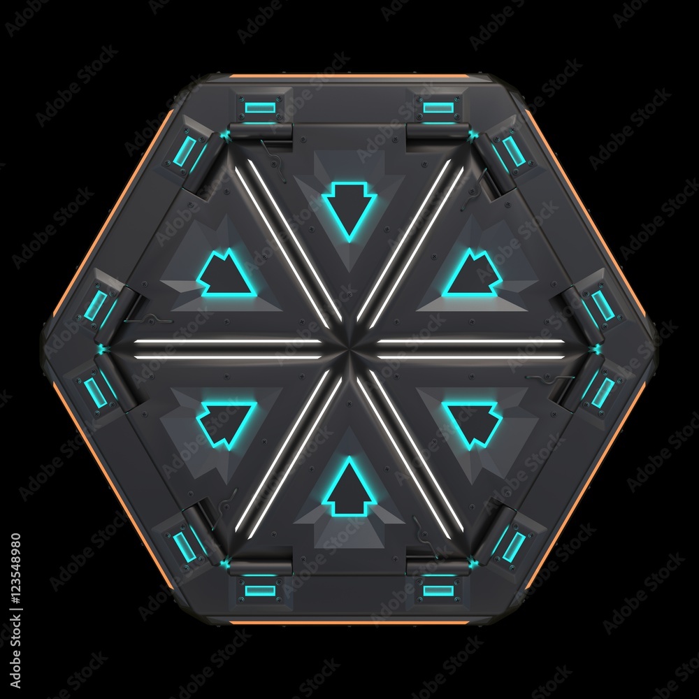 Complex glowing container object from the future. Many parts in ...