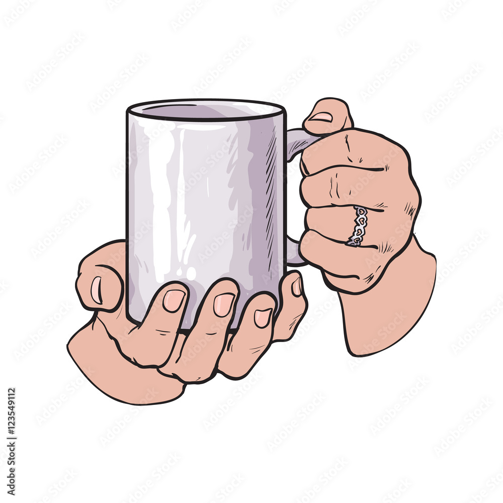 well groomed female hand holding a cup with tea or coffee, sketch style ...