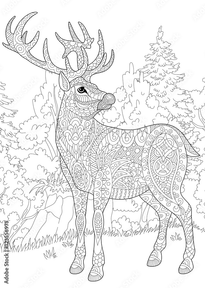 Stylized deer (stag, buck, christmas reindeer) among woodland landscape ...