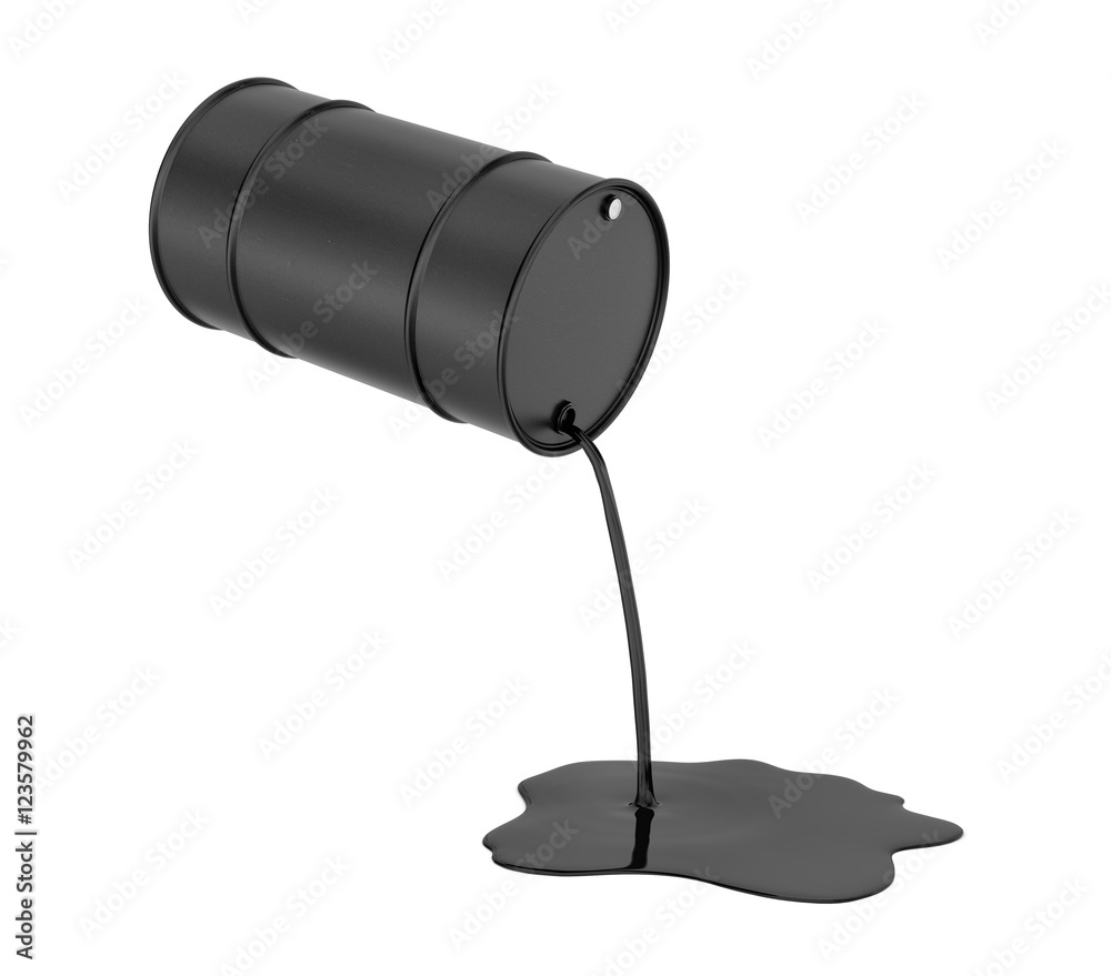 Rendering of oil pouring from black barrel and spilling isolated on ...