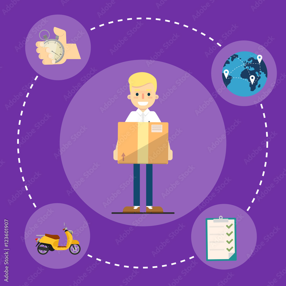 Smiling delivery boy with cardboard box isolated on perpl background ...