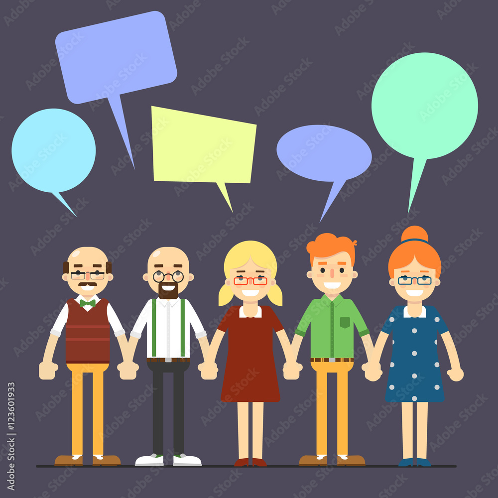Group of smiling and young cartoon people with speech bubbles over head ...