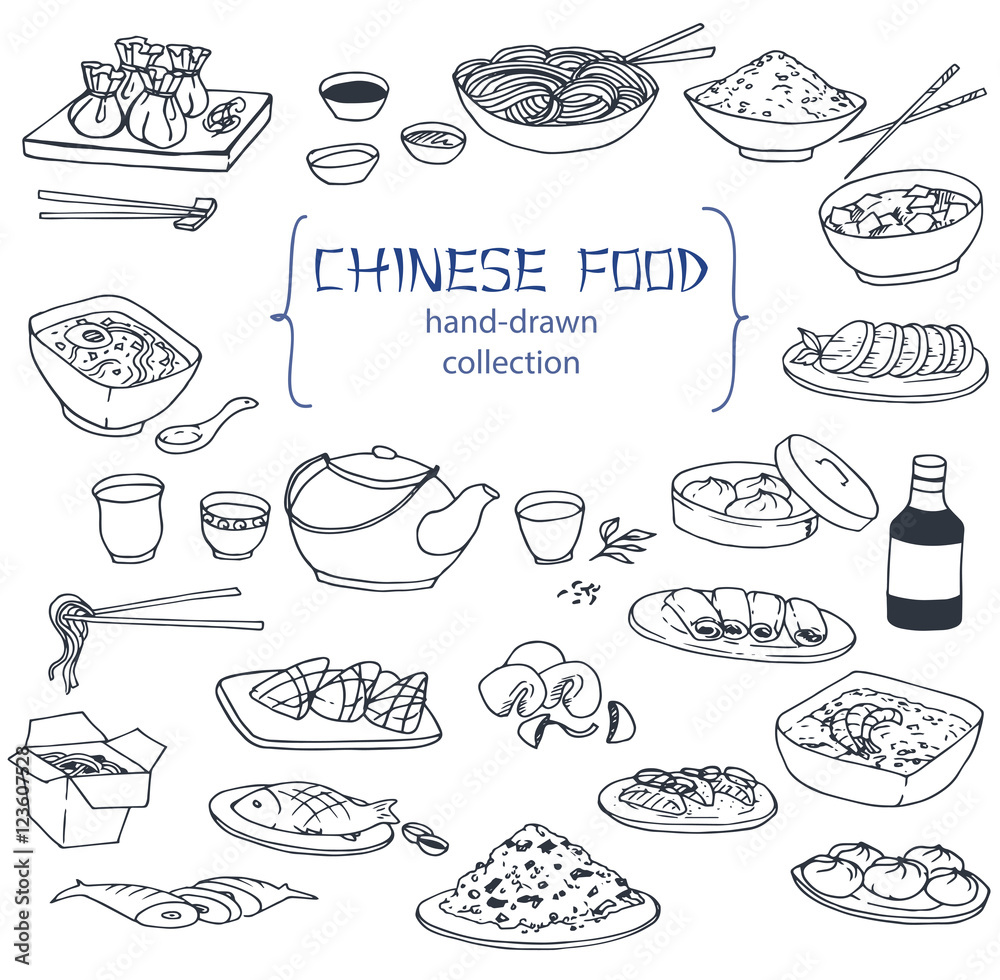 Hand-drawn collection of the different chinese food. Line art set of ...