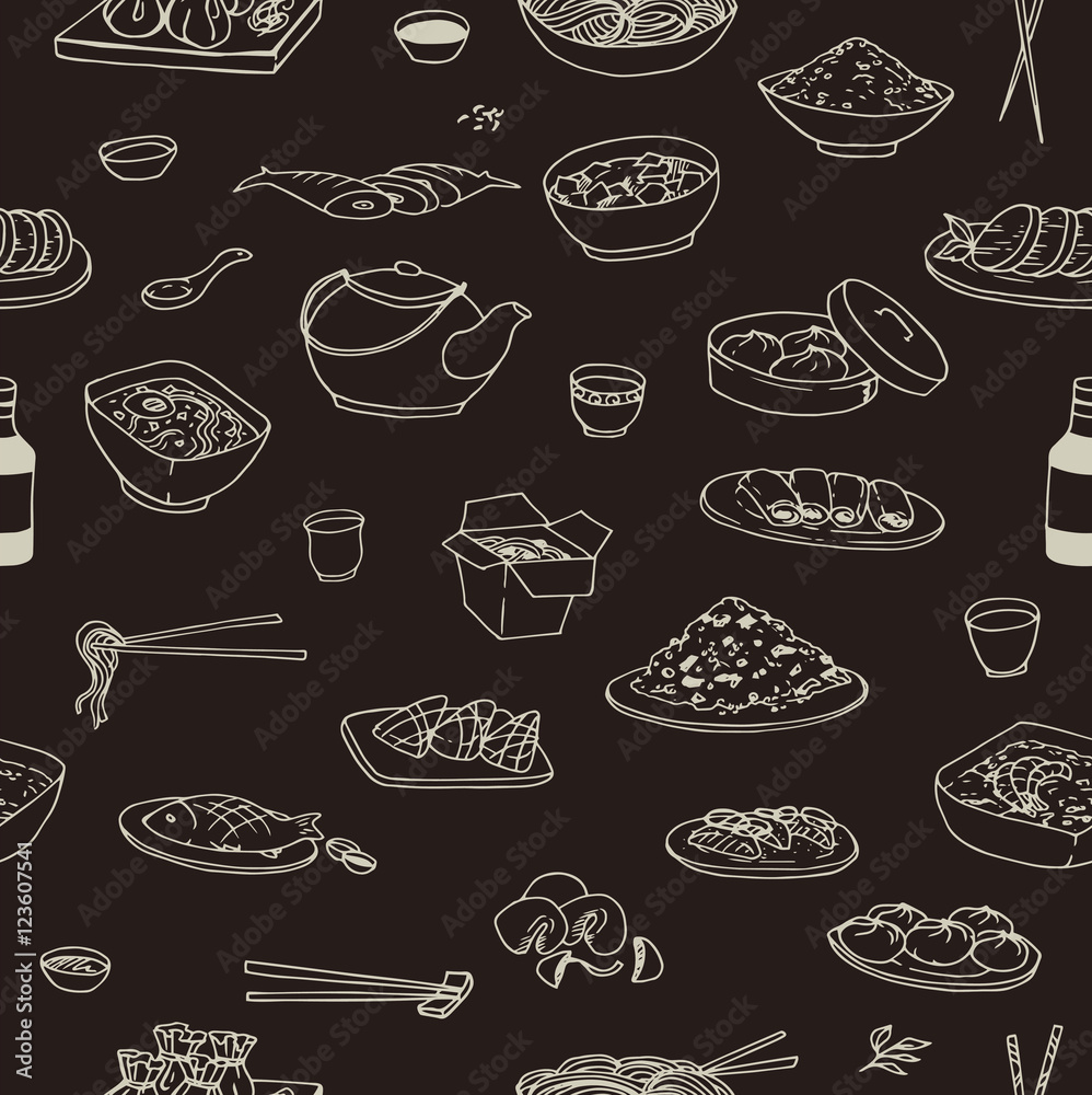 Doodle seamless black pattern with different chinese food. Repeated ...