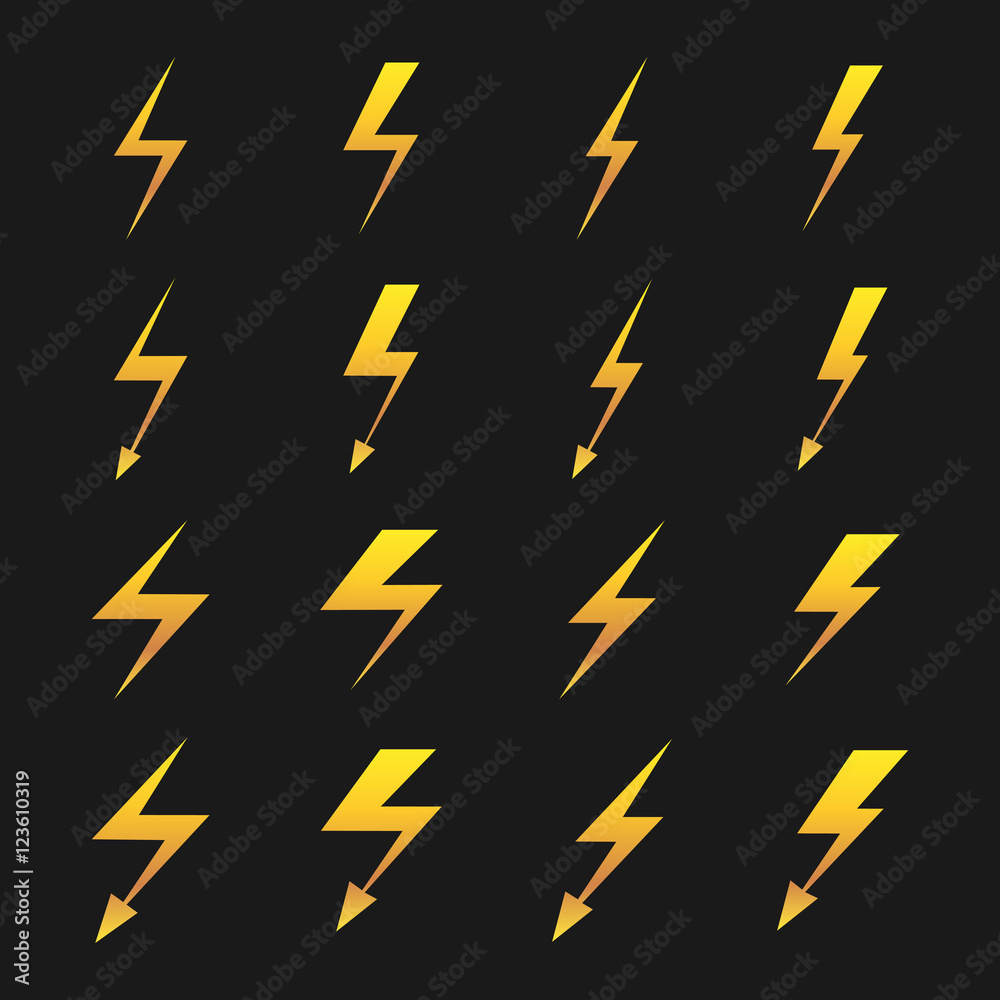 Set of yellow lightnings isolated over black Stock Vector | Adobe Stock
