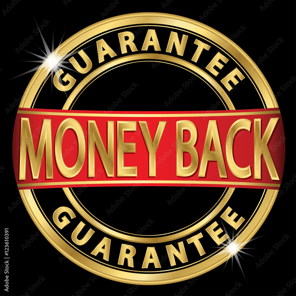 Money back guarantee golden label with red ribbon, vector illust Stock ...