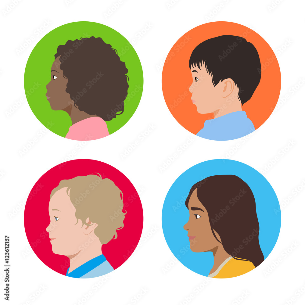 various children profile set, avatar icons, people face viewed from ...