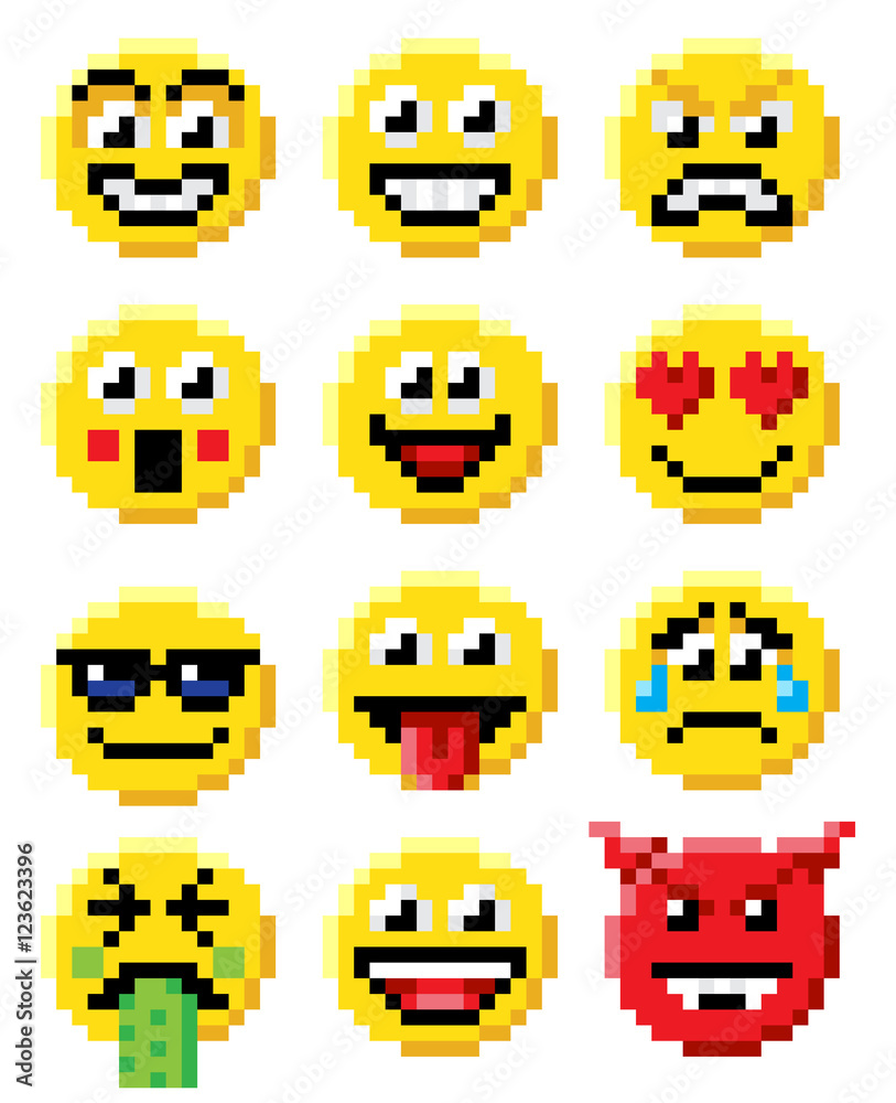 Pixel Art Emoji Emoticon Set Stock Vector | Adobe Stock