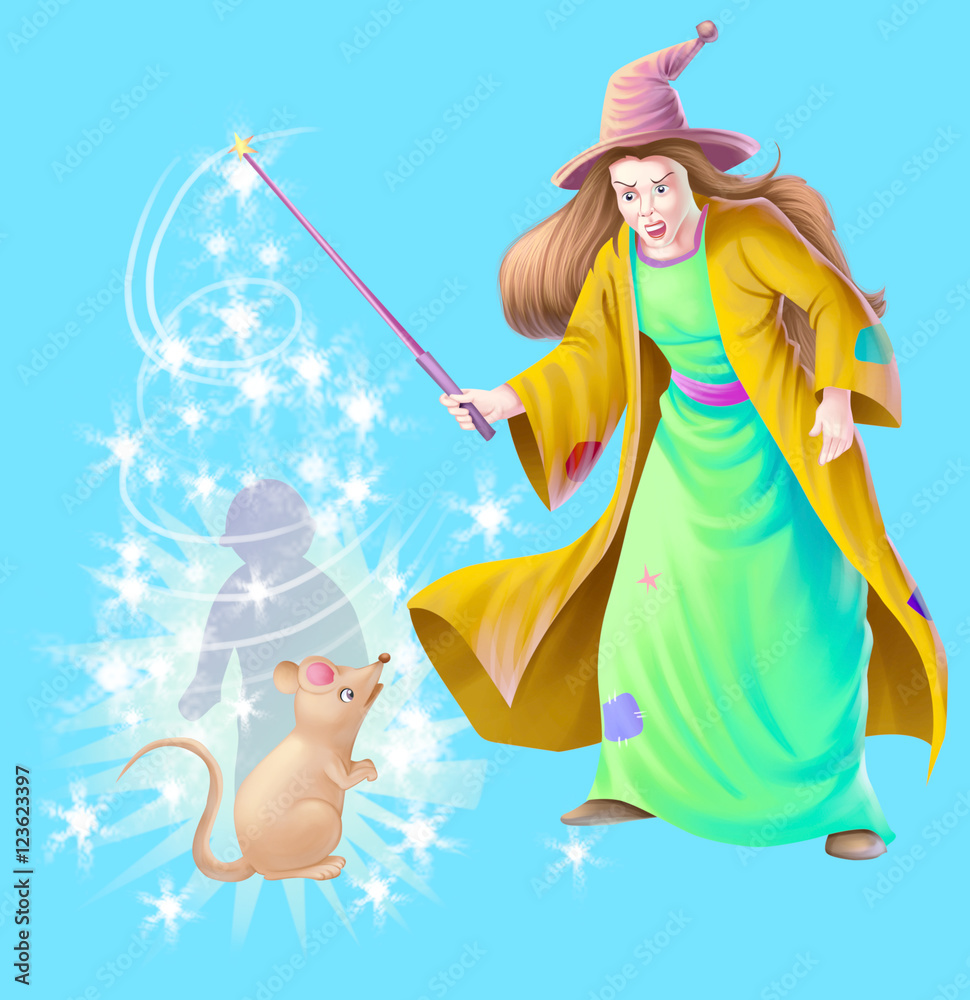 A witch turns boy into rat with magic wand Stock Illustration | Adobe Stock