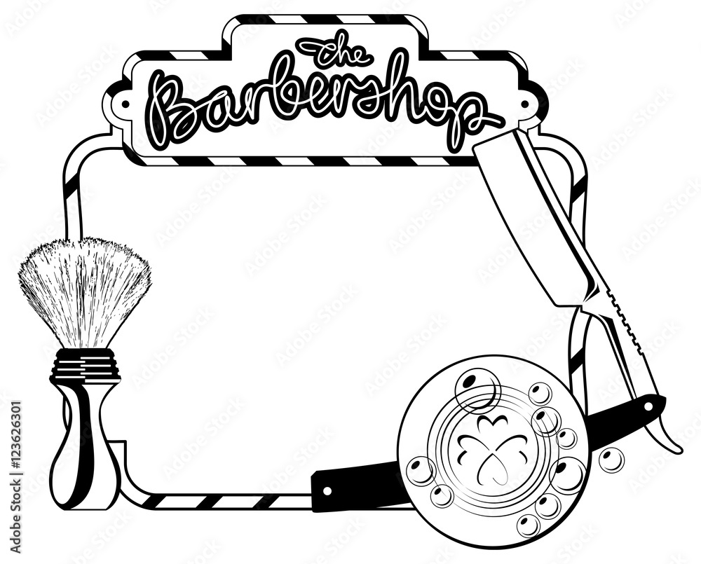 Horizontal contour frame with shaving equipment and hand-written sign ...