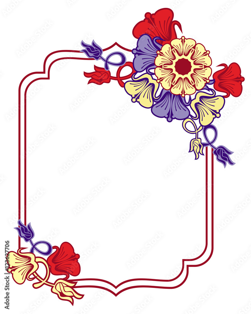 Beautiful frame with blue and red flowers. Design element for ...