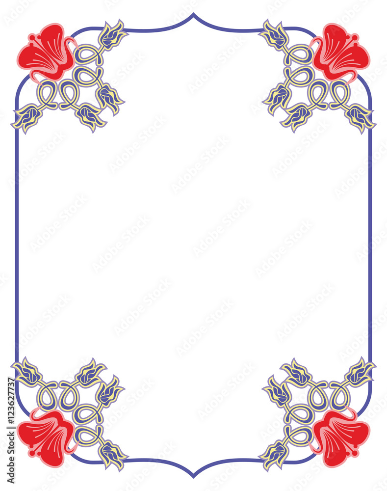 Beautiful frame with blue and red flowers. Design element for ...