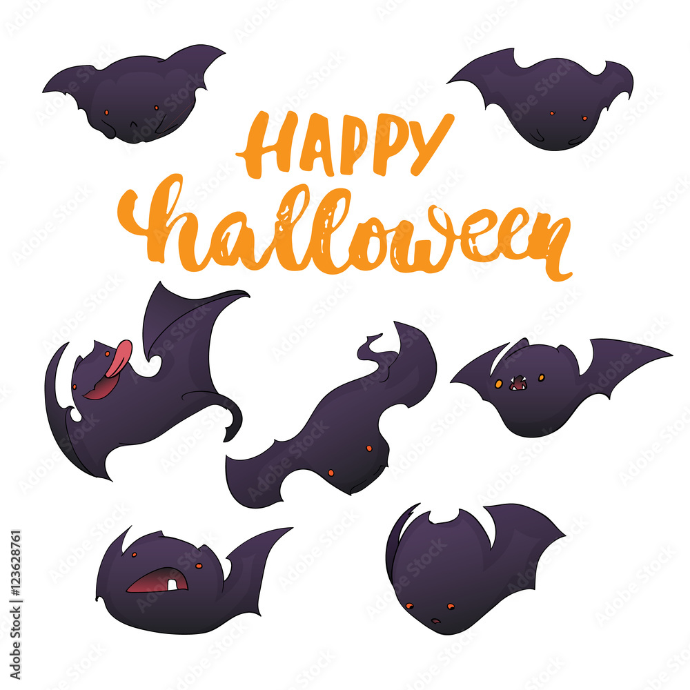 Cute bats character set. Party hand drawn lettering Happy halloween and ...