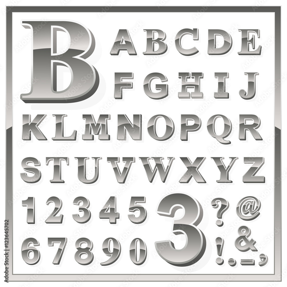 Greyscale metallic numerals and alphabet letters Stock Vector | Adobe Stock