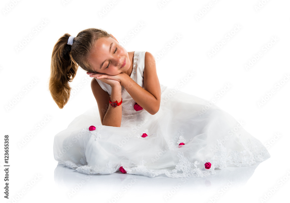 Little princess girl doing sleep gesture Stock Photo | Adobe Stock