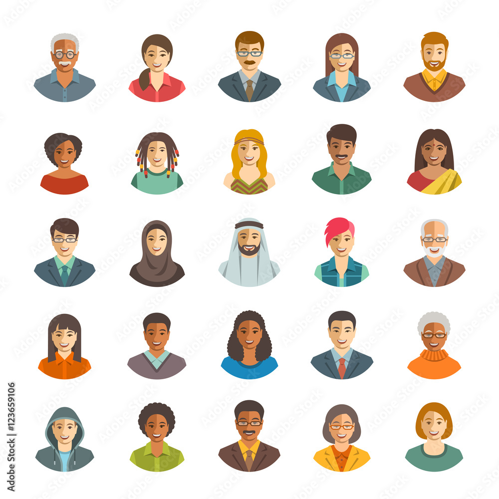 People faces avatars vector icons. Flat color portraits of happy men ...