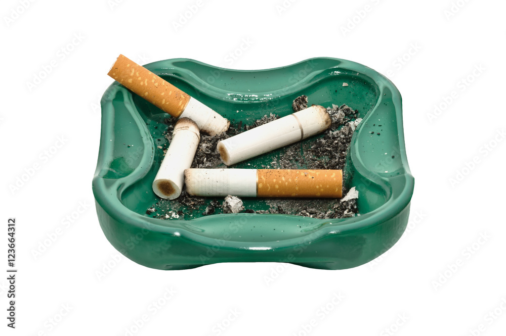 Ashtray and cigarette butts, isolated on white background Stock Photo ...