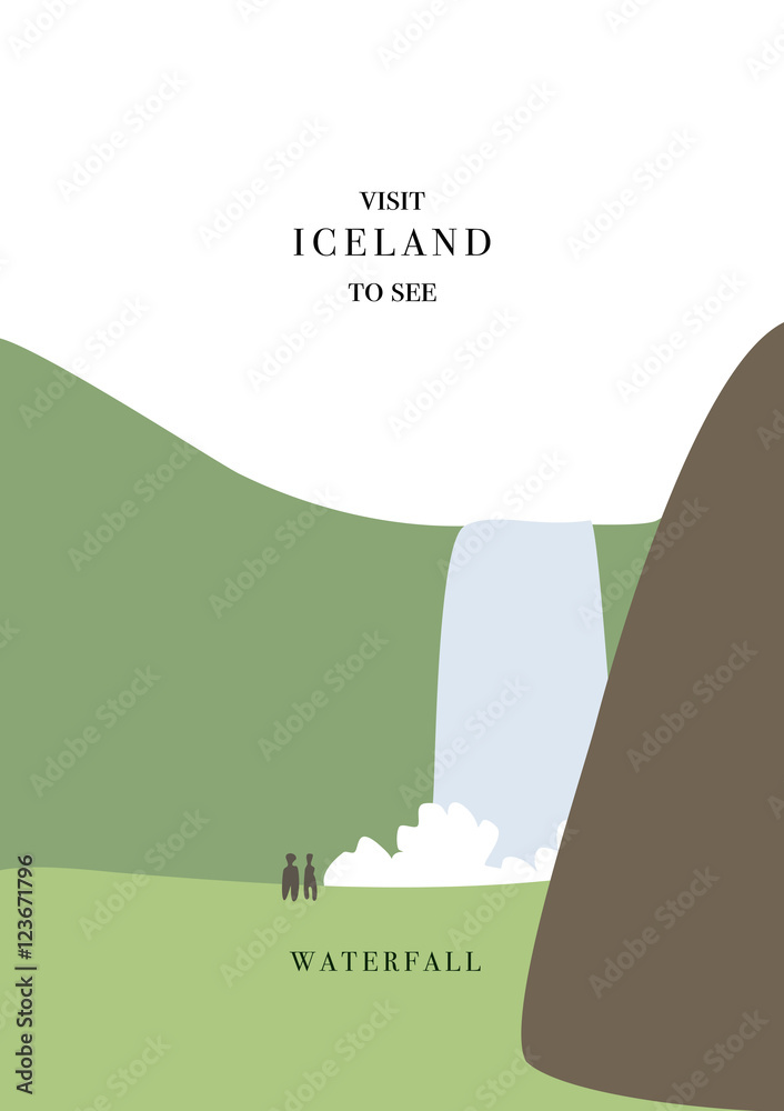 Iceland invating postcard. Waterfall scenery vector, simple flat design ...