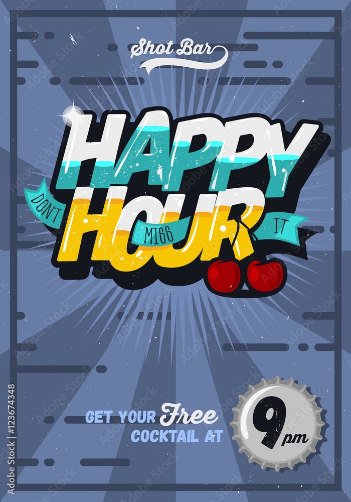 Happy Hour Concept Poster Template For Advertising. Comic Inscri Stock ...