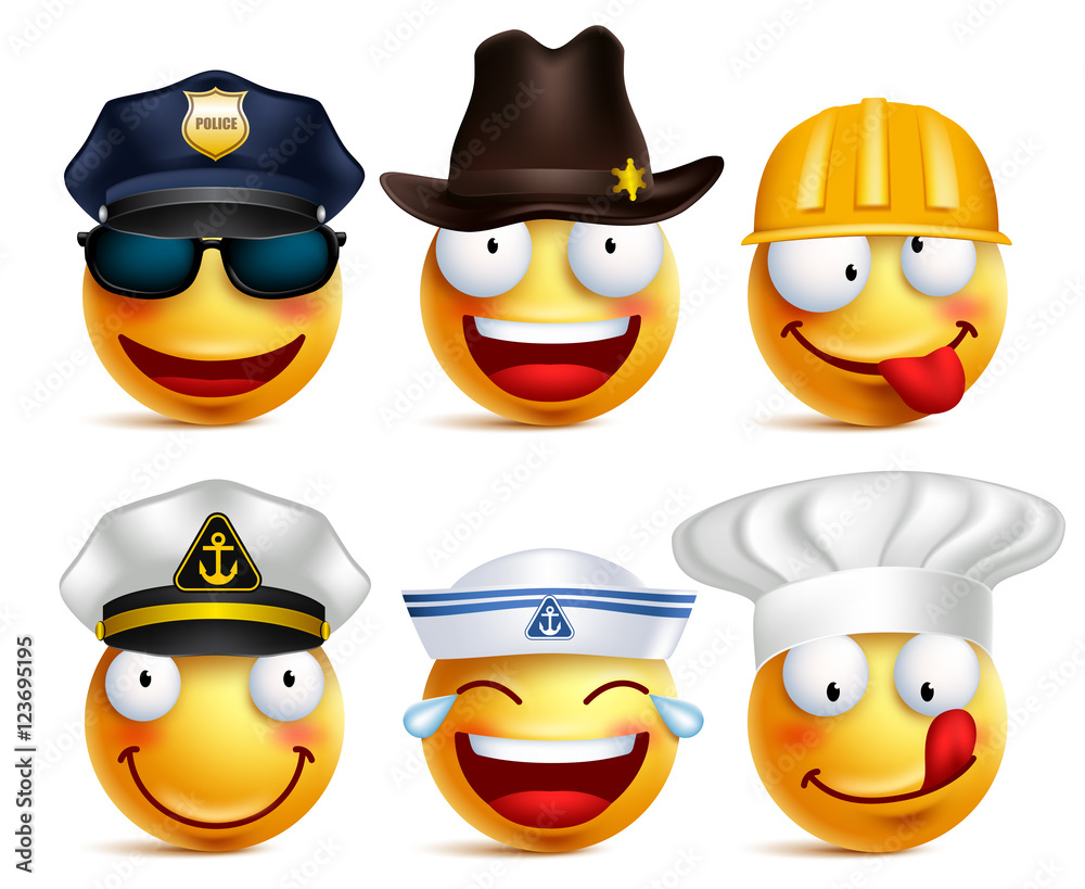 Smiley face vector set of professions with hats like police, seafarer ...