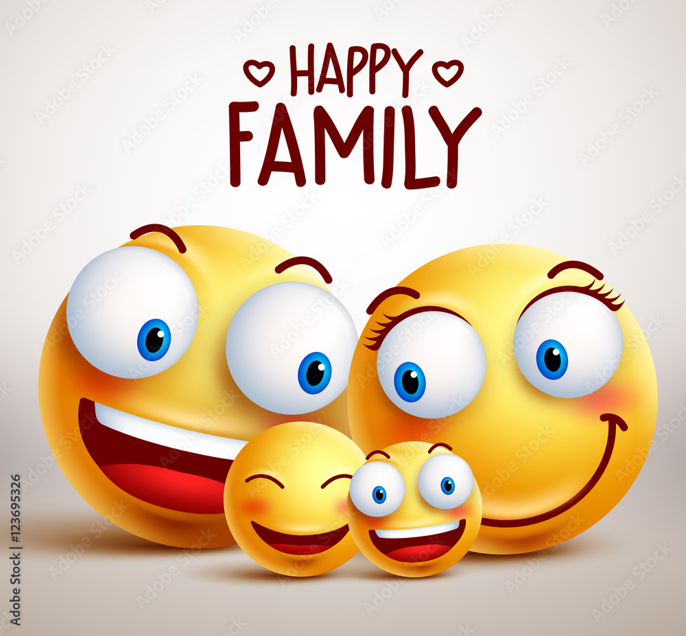 Happy family smiley face vector characters with father, mother and ...