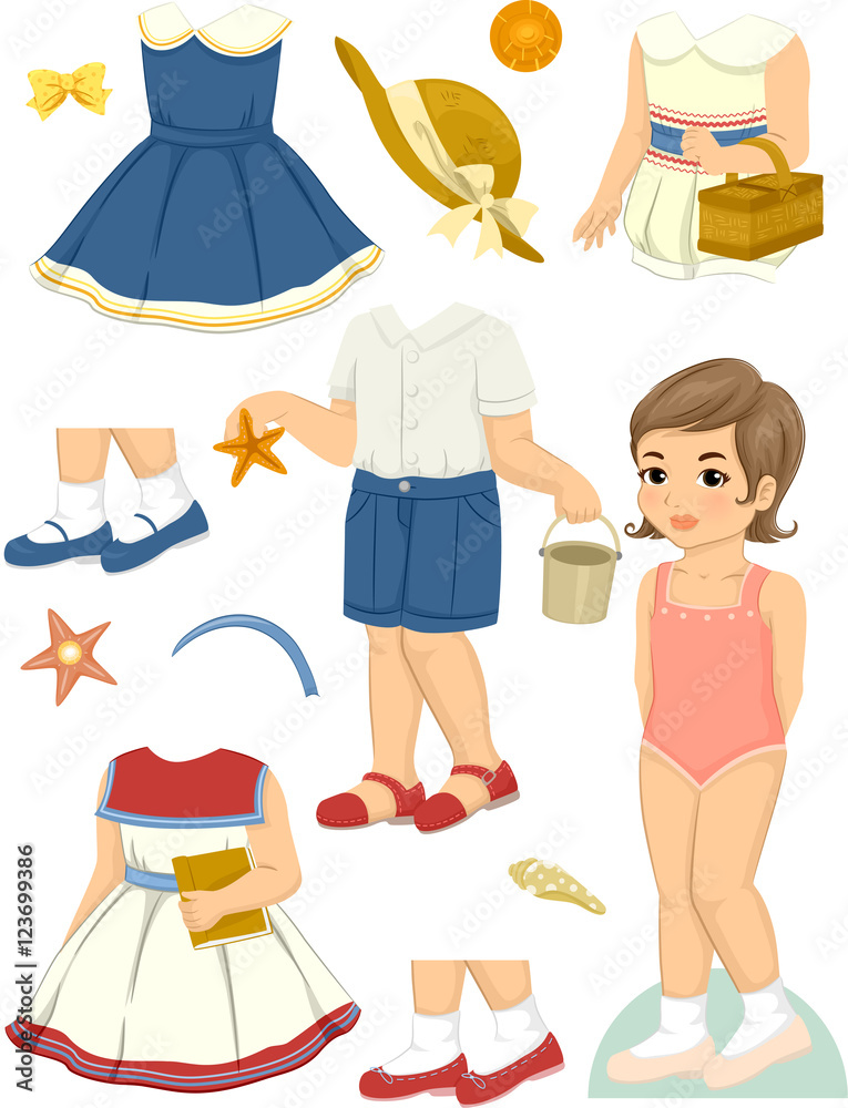Kid Girl Paper Doll Summer Clothes Stock Vector | Adobe Stock