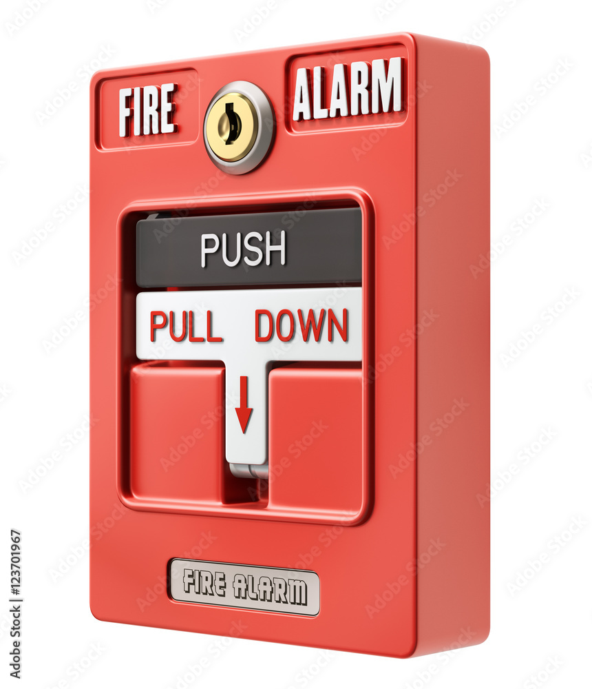 Fire alarm switch with push an pull button isolated on white background ...