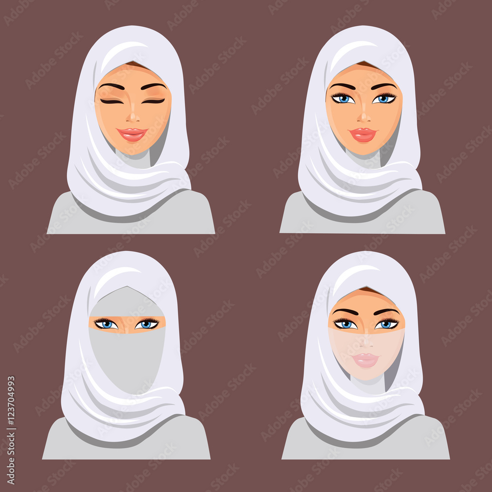 Beautiful muslim arab woman icons set female portrait in white hijab ...