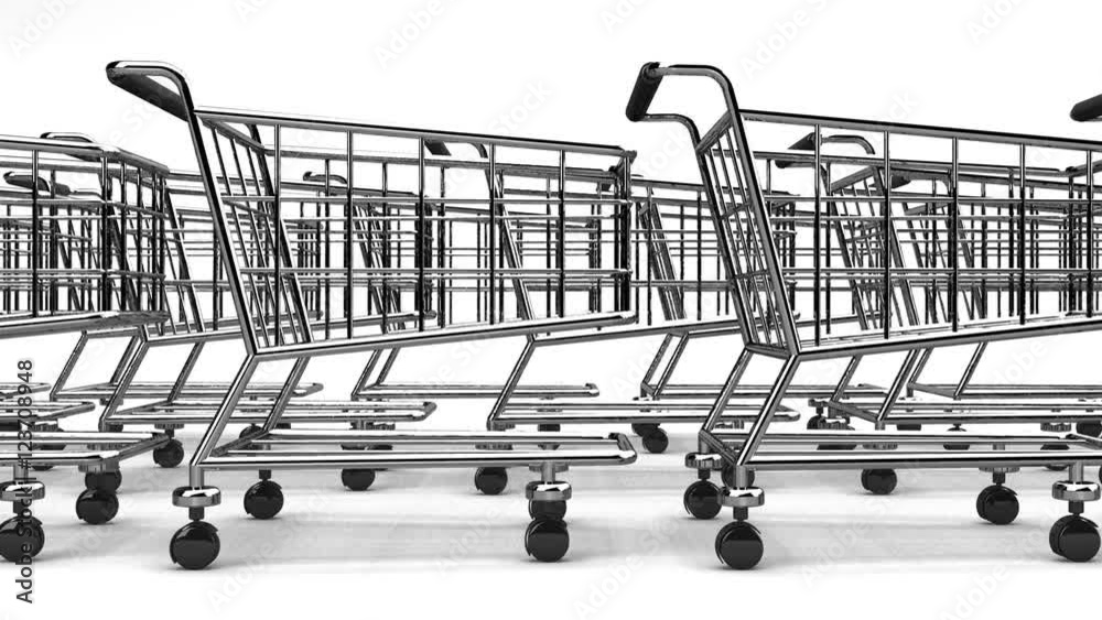 Many Shopping Carts On White Background. Loop able 3DCG render ...