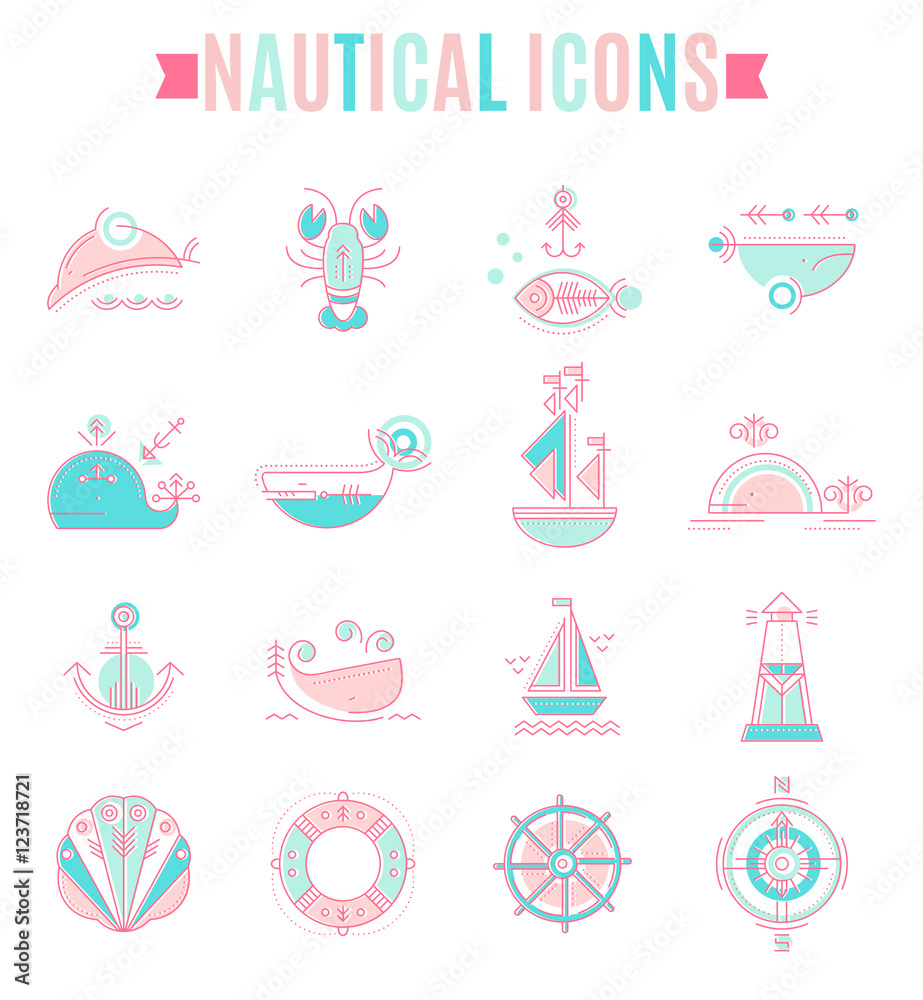 Nautical icon set, minimalistic flat design with thin strokes Stock ...