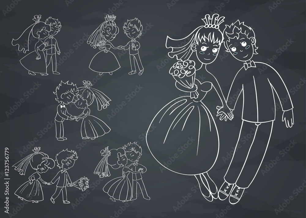 Wedding doodle comic set on blackboard. Cute bride and groom. Wedding ...