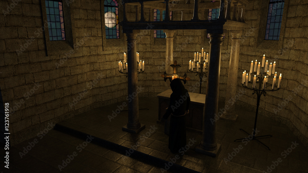 Monk - priest - in front of the cross in the chapel Stock Illustration ...