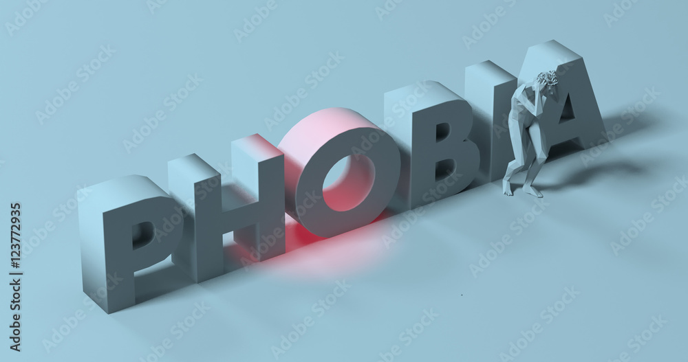 Phobia - 3d render lettering sign, near scared paranoid man, ill Stock ...