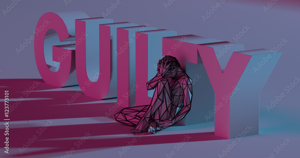 Guilty - 3d render lettering near low poly man illustration Stock ...