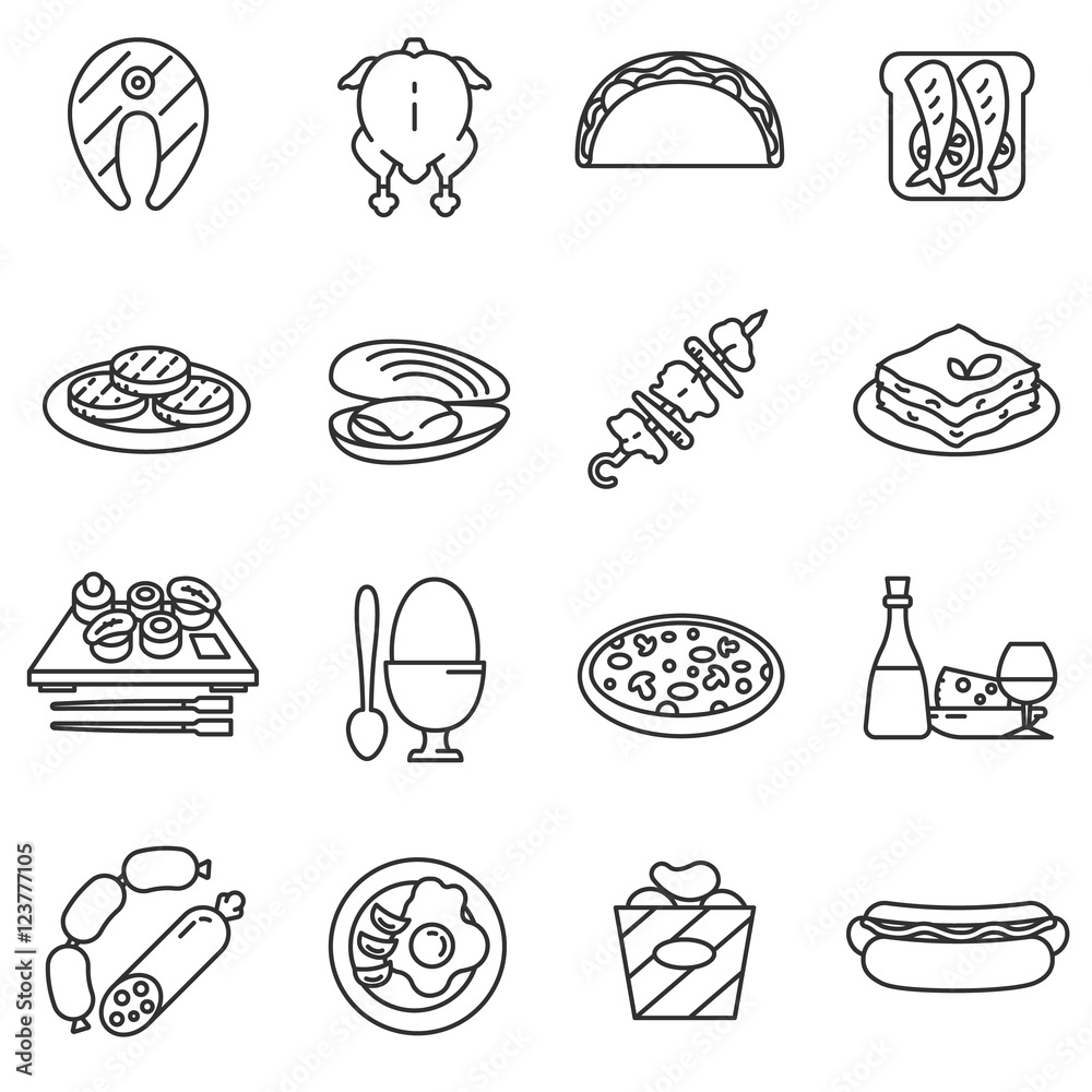 Food, line icons set. Various dishes, symbols collection. Home and ...