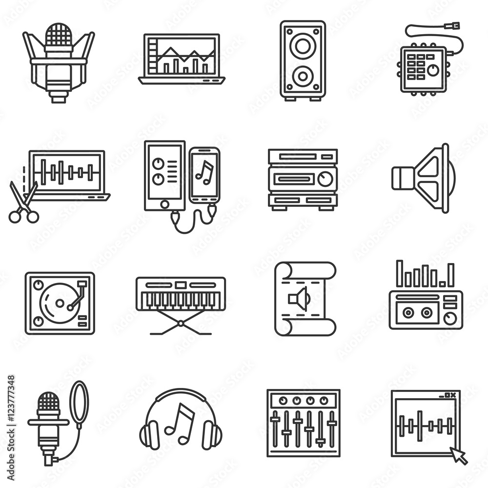 Recording studio, line icons set. Sound recorder, symbols collection ...