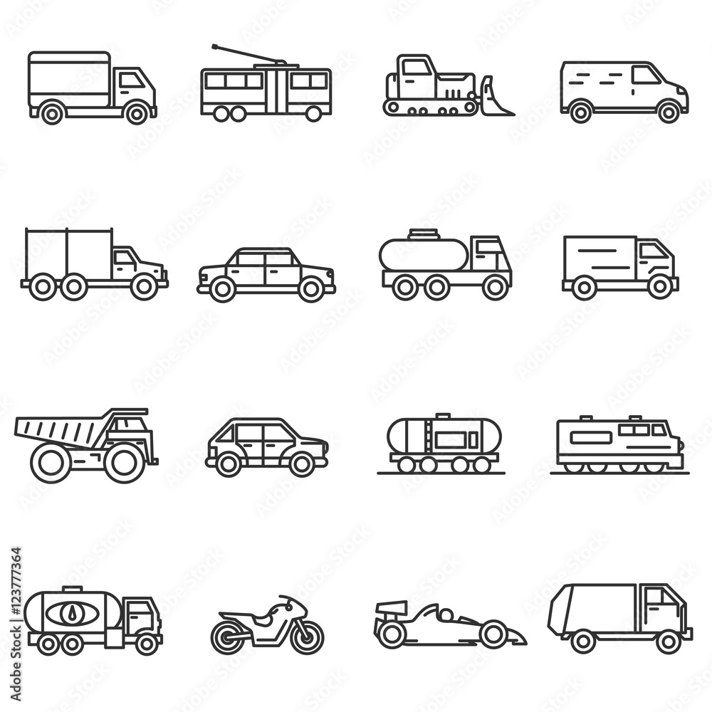 Vehicles, line icons set. Collection of ground transportation. Various ...
