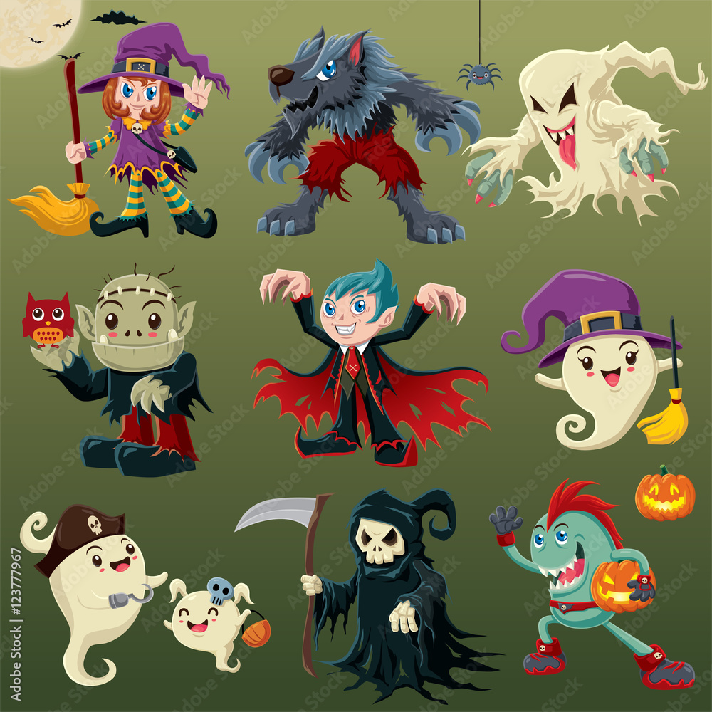 Vintage Halloween poster design with vector ghost, vampire, pirate ...