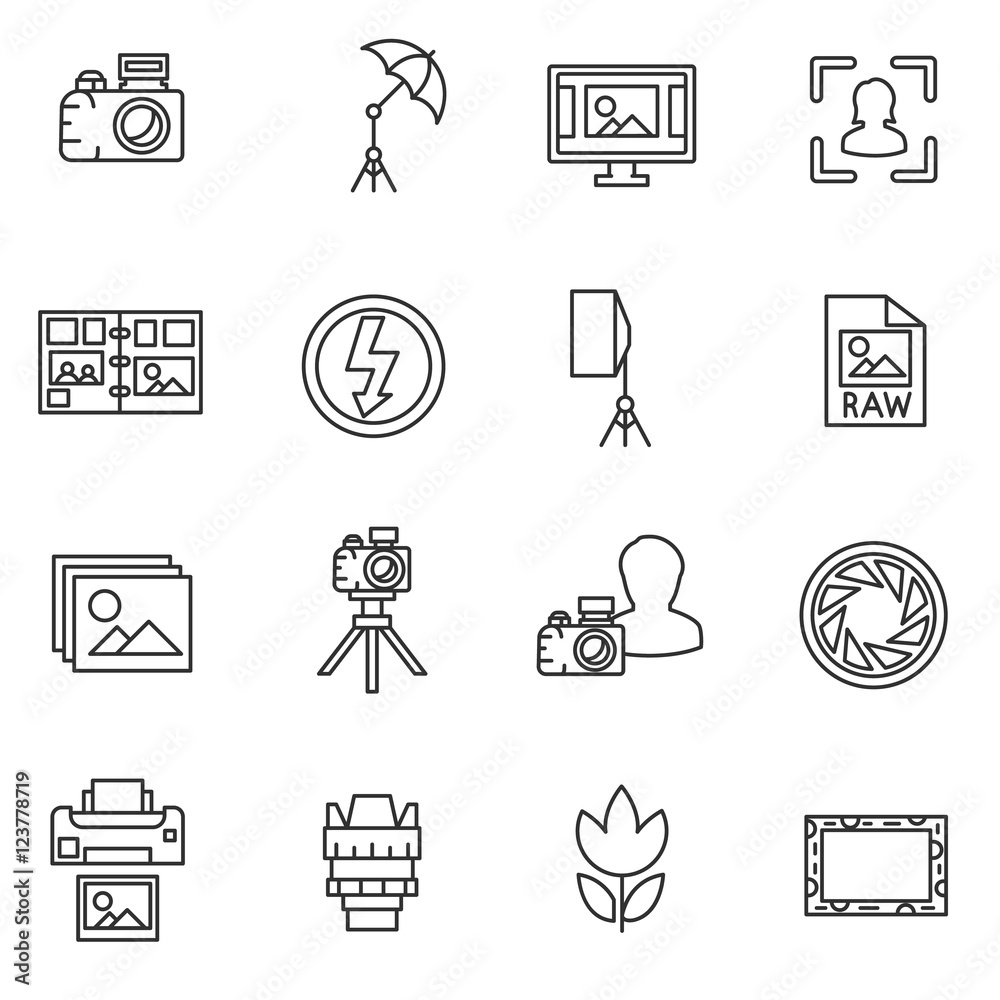 Photographing, line icons set. Photo studio, symbols collection. The ...