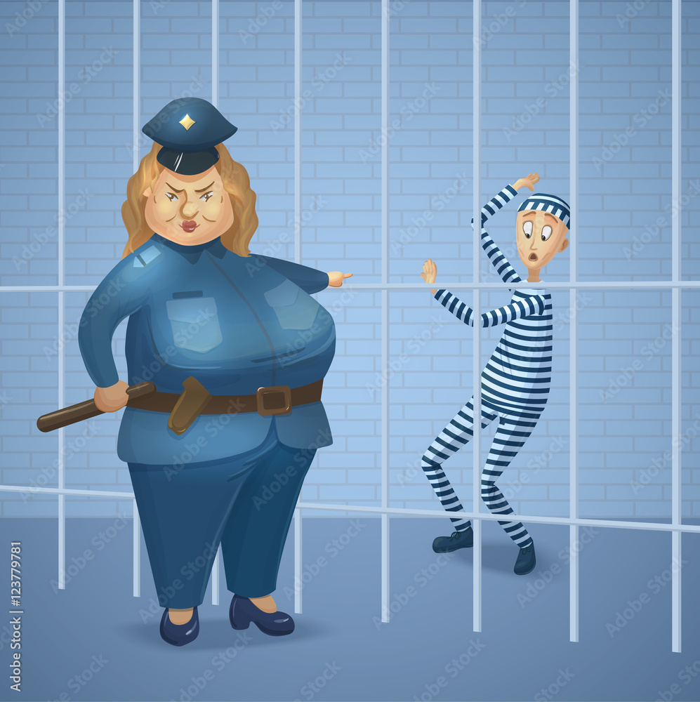 Strict policewoman and prisoner at jail. Big cop woman and scared ...