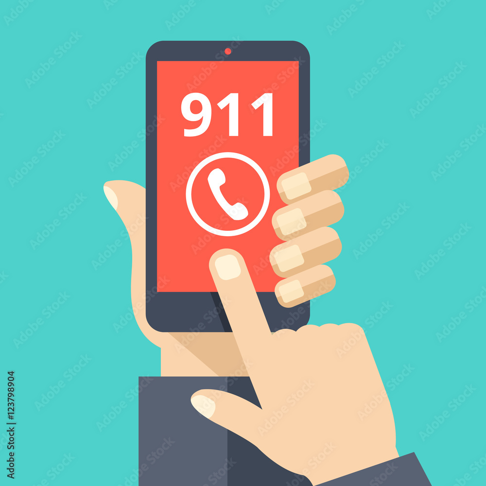 Call 911, emergency call concept. Hand holding smartphone, finger touching call button. Modern ...