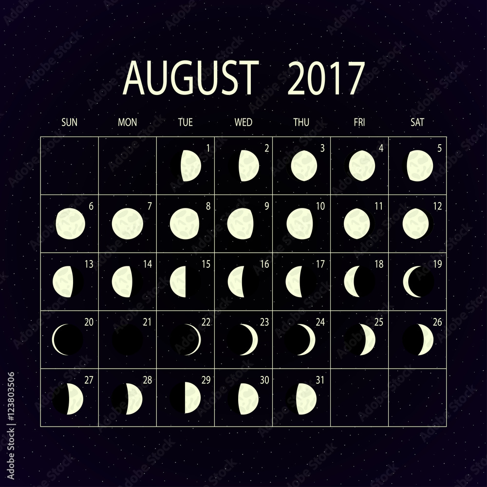 Moon phases calendar for 2017. August. Vector illustration. Stock ...
